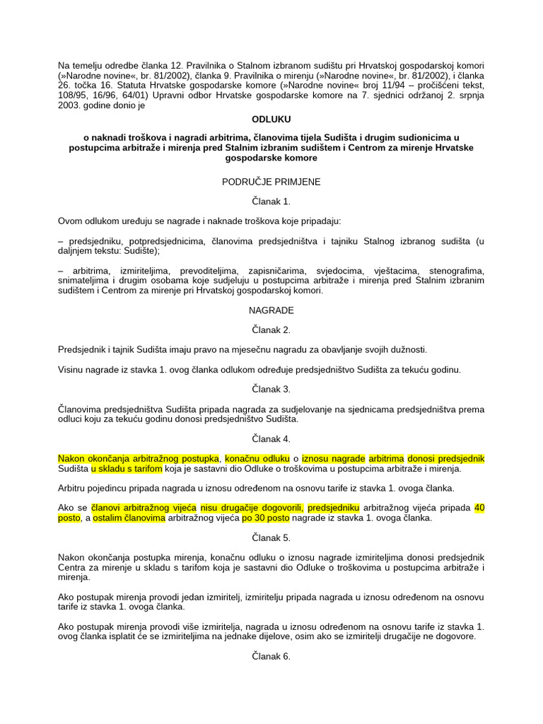 Odl. o Naknadi Troskova I Nagradi Arbitrima | PDF