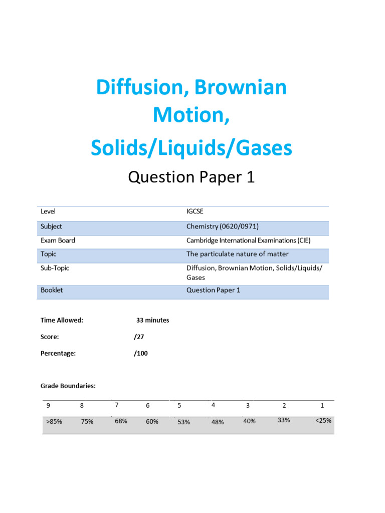 10 Diffusion Brownian Motion SolidsLiquidsGases Topic Booklet 1 CIE IGCSE Chemistry | PDF ...