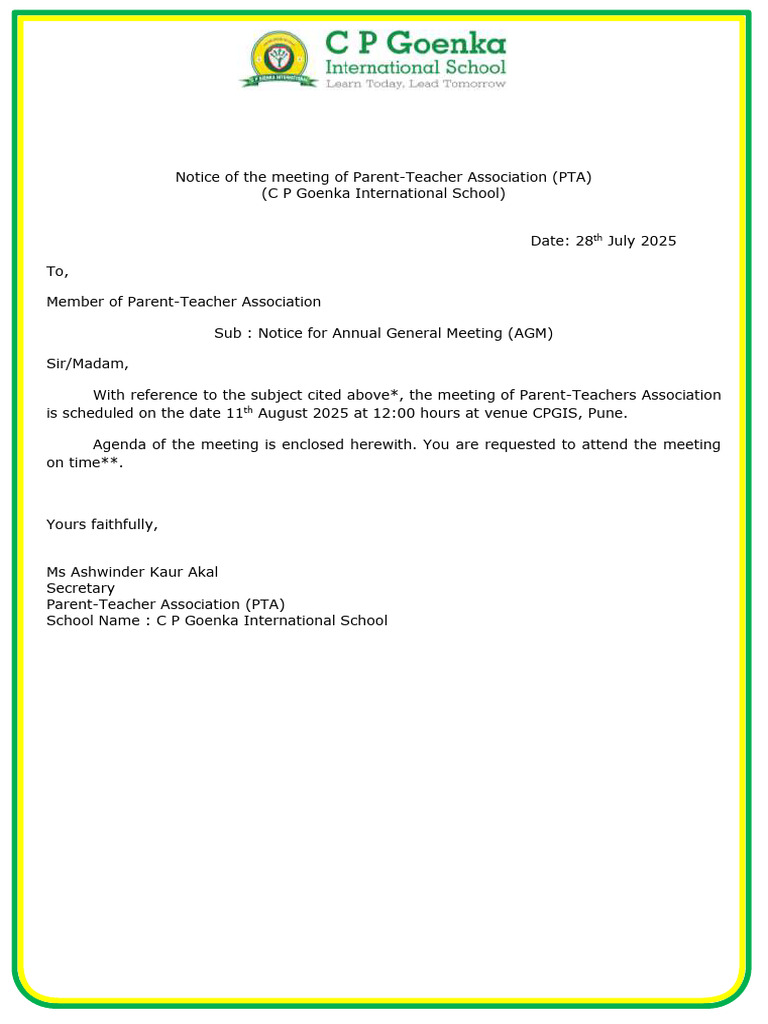 CIE PTA AGM Circular 11th August 2025 | PDF
