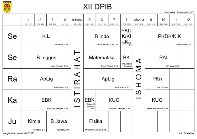 Jadwal Pelajaran Kelas XII DPIB | PDF
