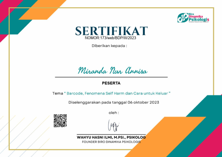 Sertifikat Miranda Nur Annisa | PDF