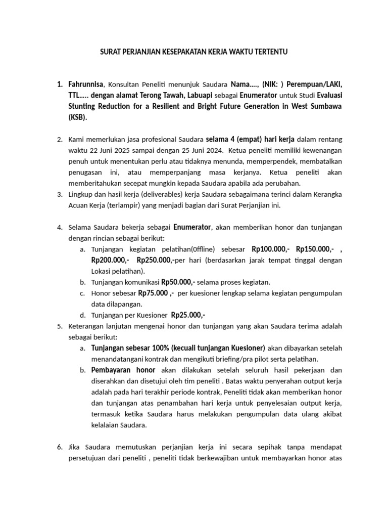 Surat Perjanjian Kesepakatan Kerja Waktu Tertentu | PDF