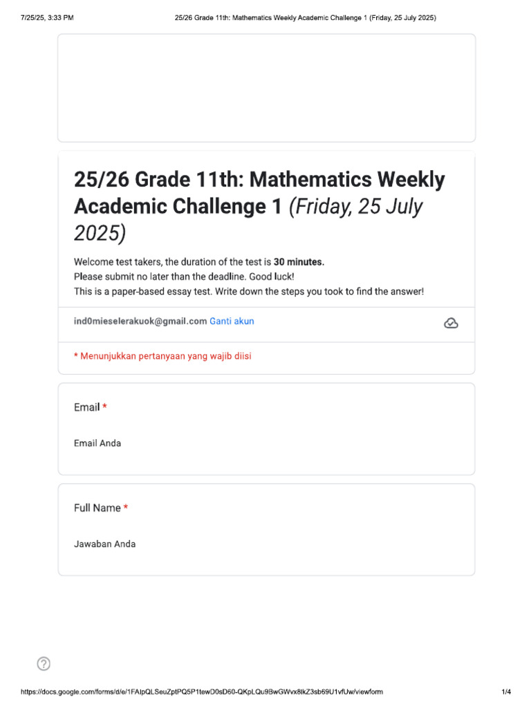 Mathematics Weekly Academic Challenge 1 (Friday, 25 July 2025) | PDF
