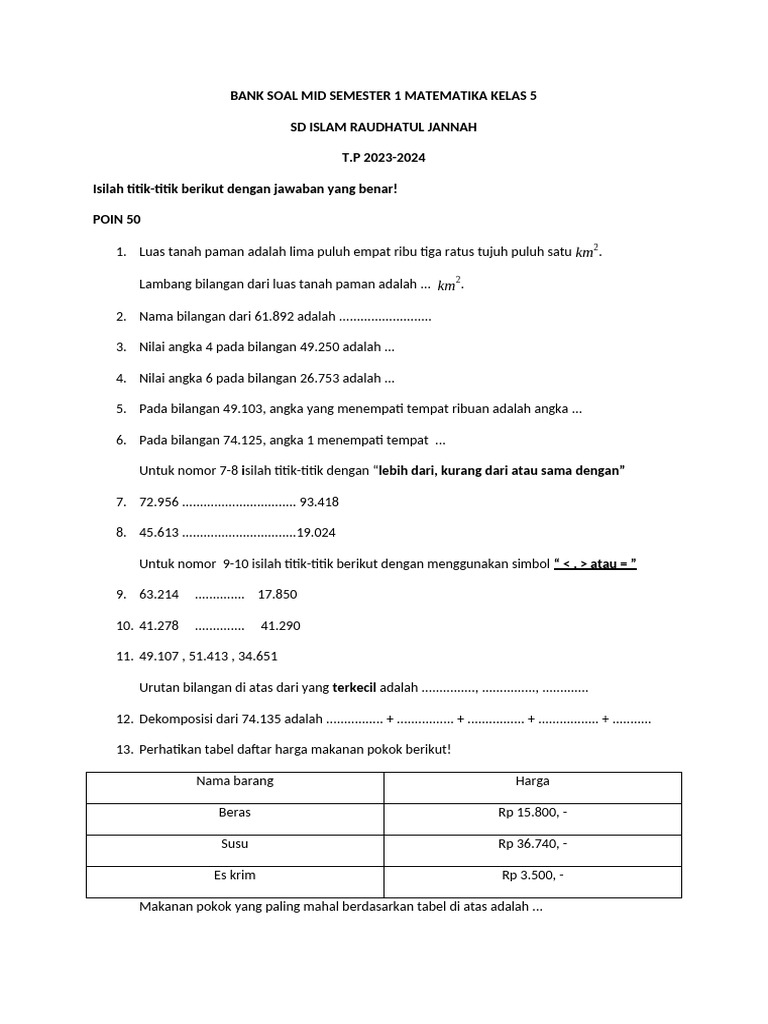 Bank Soal Mid Semester 1 Matematika Kelas 5 | PDF
