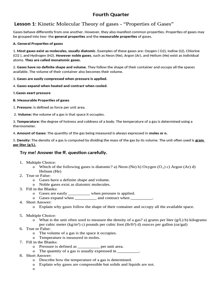 Fourth Quarter Activity Sheets | PDF | Gases | Chemical Reactions