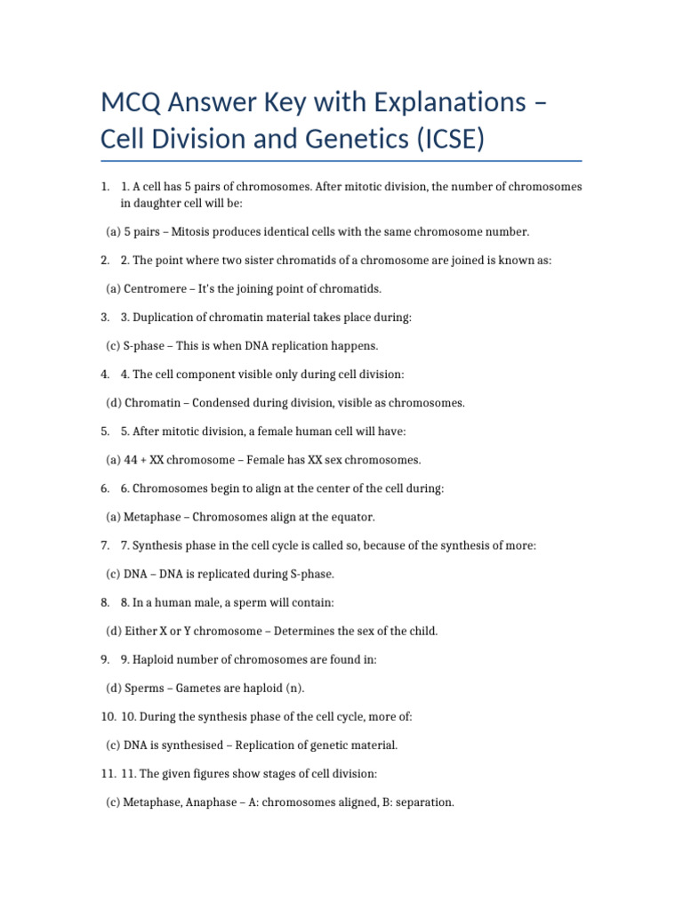 ICSE Cell Division MCQ Answers | PDF