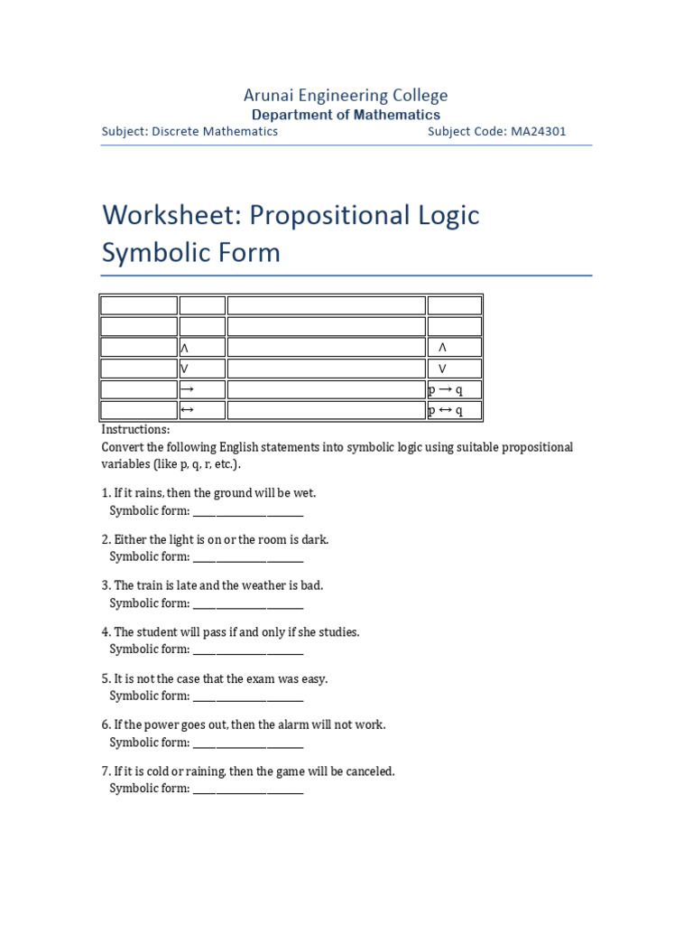 Propositional Logic 20 Questions Worksheet | PDF | If And Only If ...