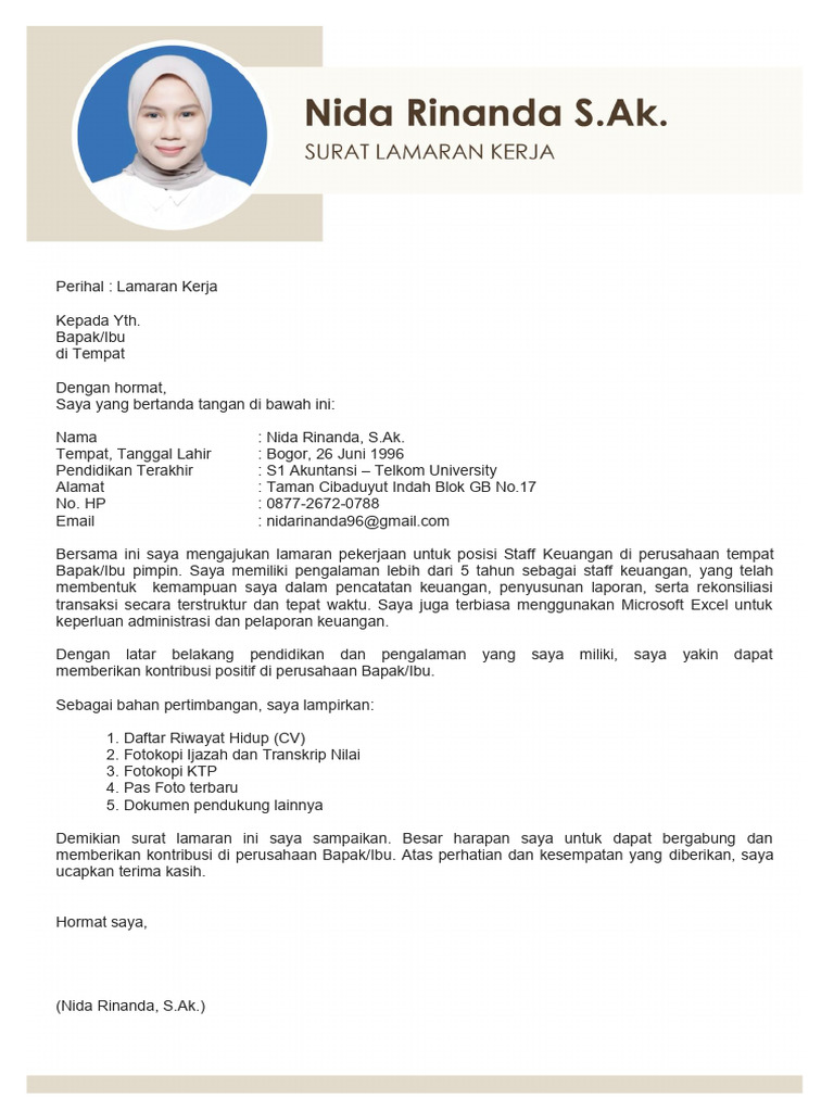 Dokumen Lamaran - Nida Rinanda | PDF