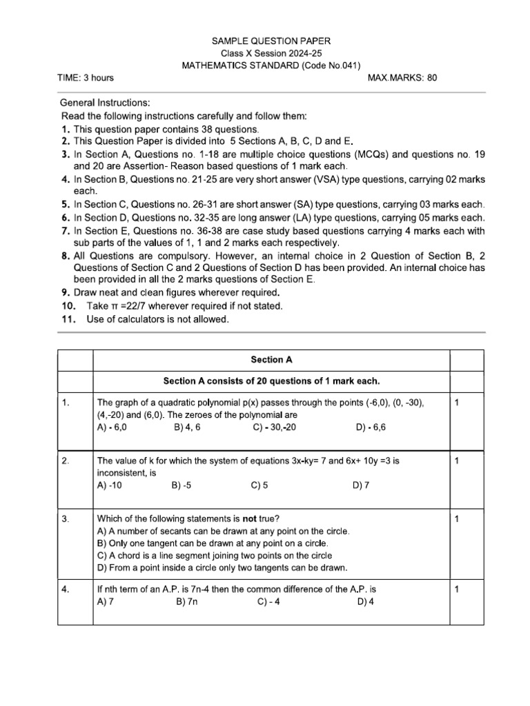 Math Sample Paper 10 | PDF