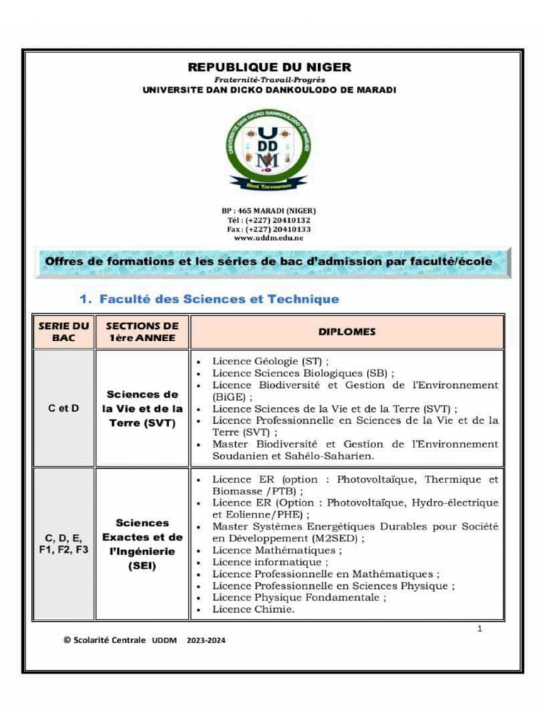Offres de Formation Université Dan Dicko Dan Koulodo de Maradi (Uddm) | PDF
