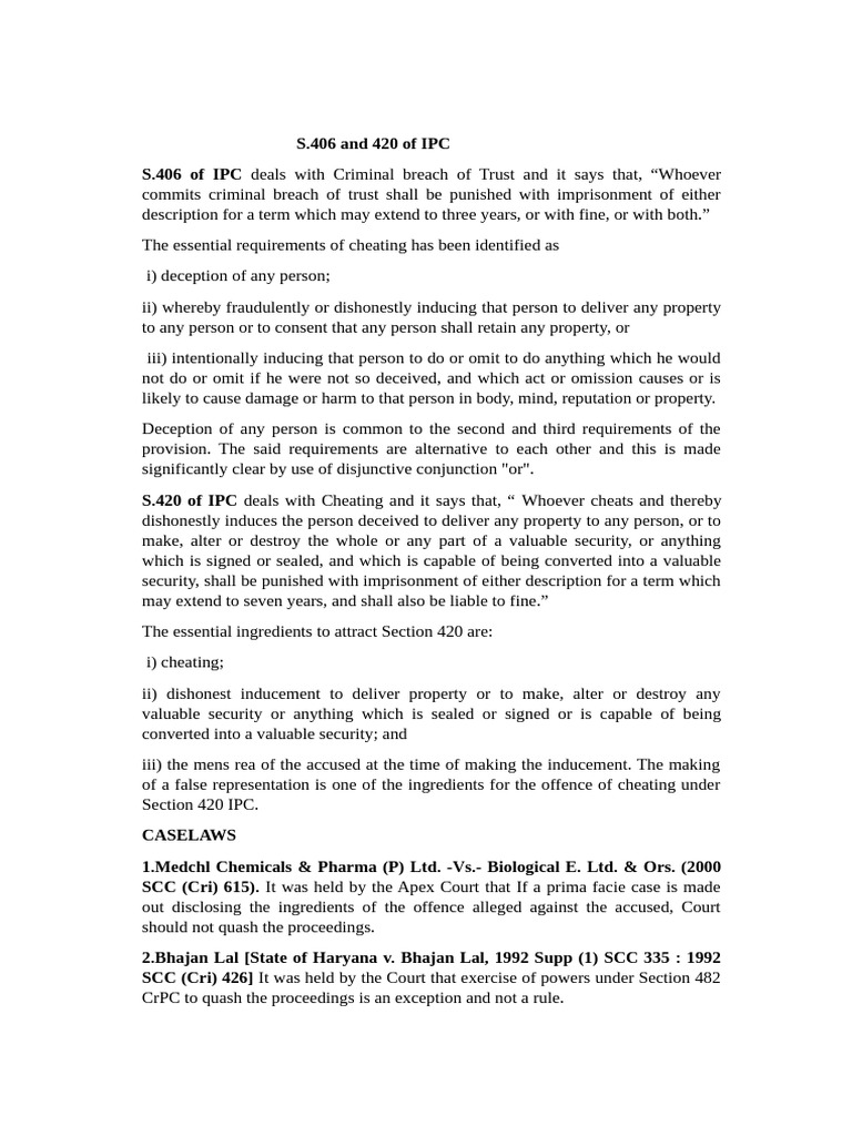 Understanding IPC Sections 406 and 420 | PDF | Criminal Law | Crimes