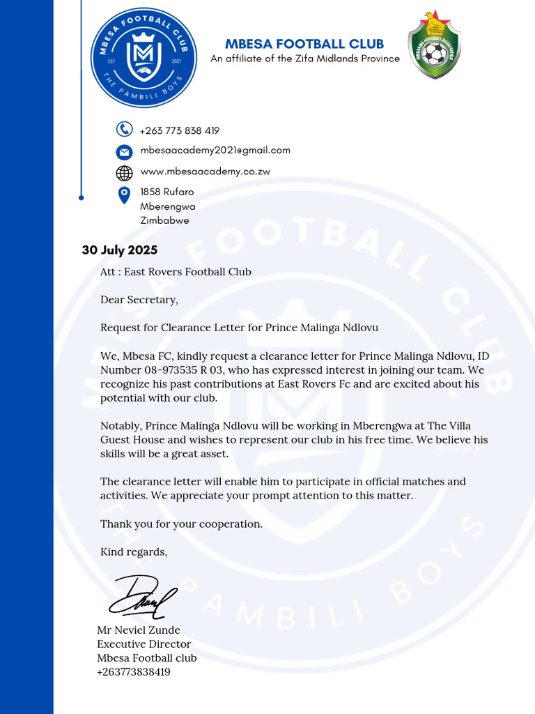 Clearance Request for Prince Ndlovu | PDF