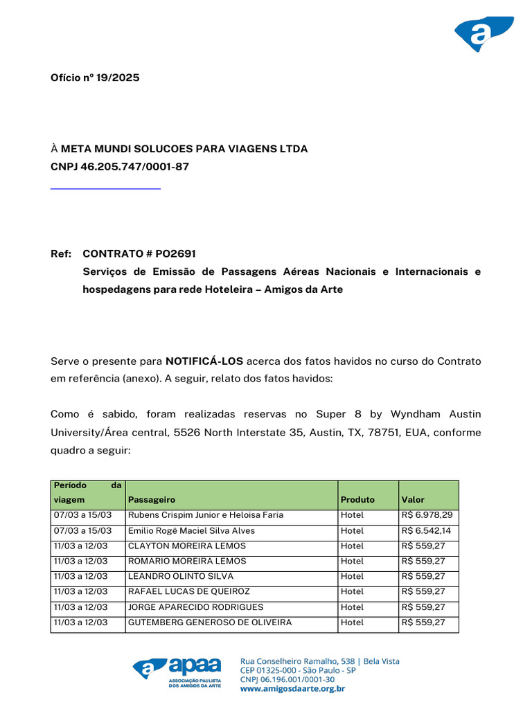 Oficio Apaa - 019.2025 - Meta Mundi Emissão de Passagens - Austin | PDF | Direito Comum