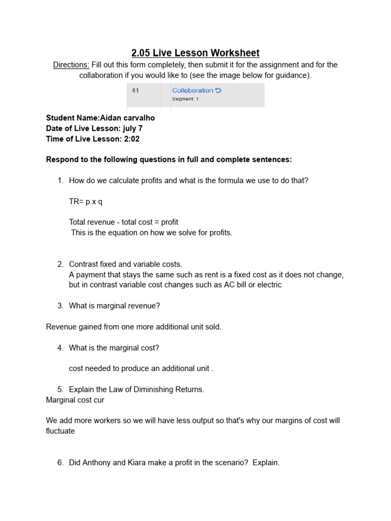 2.05 Econ Live Lesson Worksheet | PDF