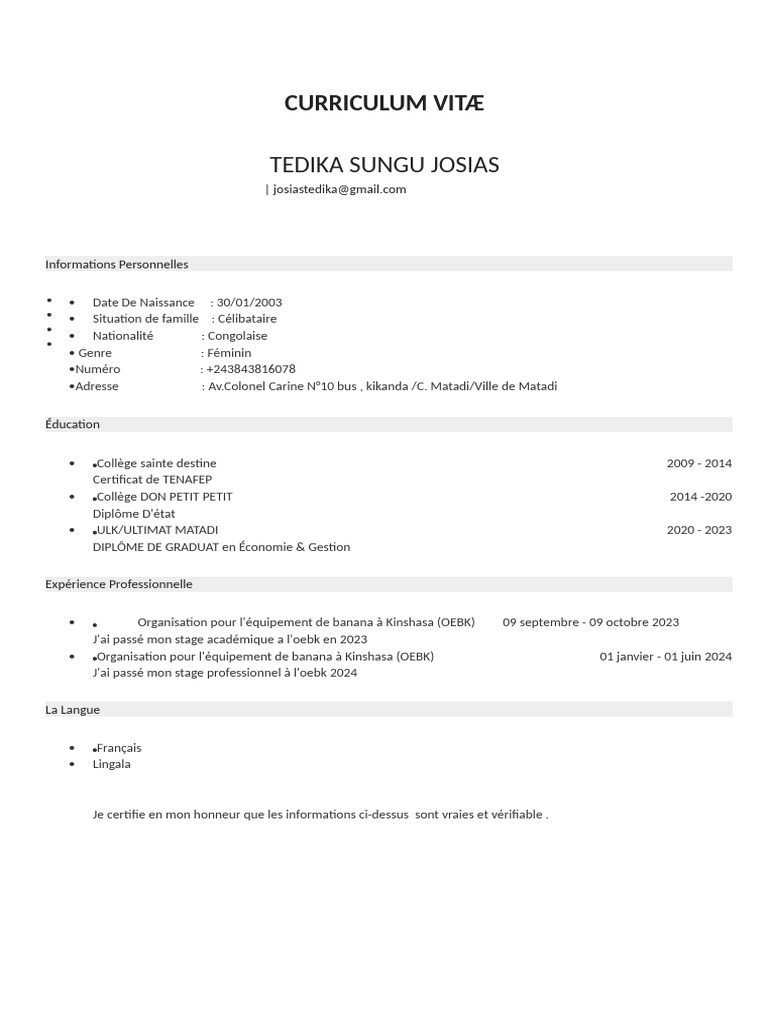 CV de Tedika Sungu Josias - Économie & Gestion | PDF