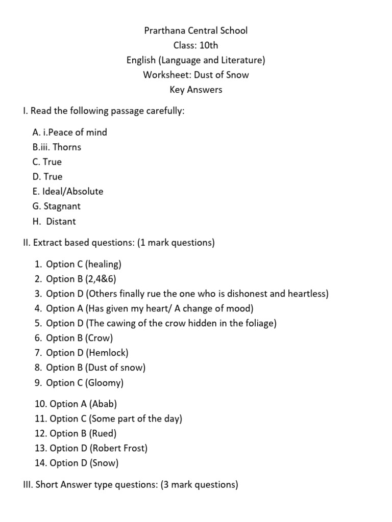 Dust of Snow: Class 10 Q&A Worksheet | PDF | Psychology