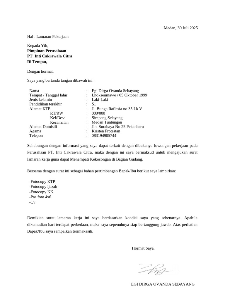 Surat Lamaran EGI DIRGA | PDF