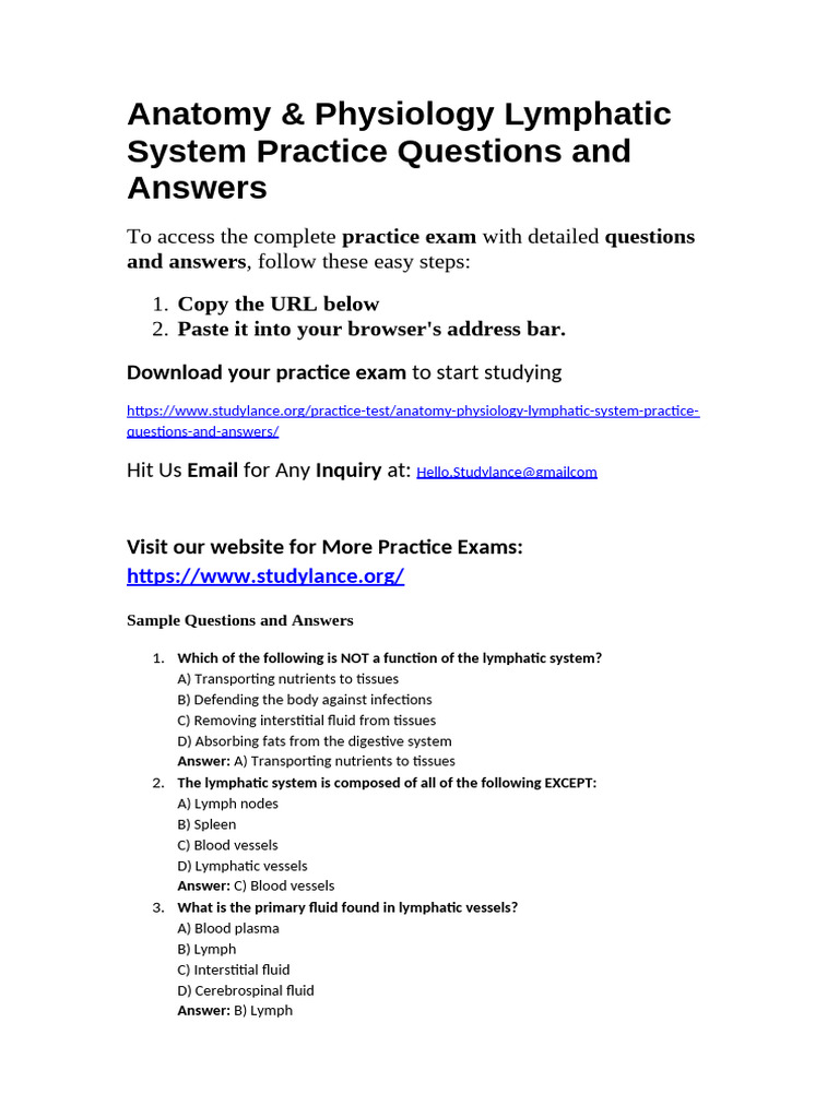 Anatomy & Physiology Lymphatic System Practice Questions and Answers ...
