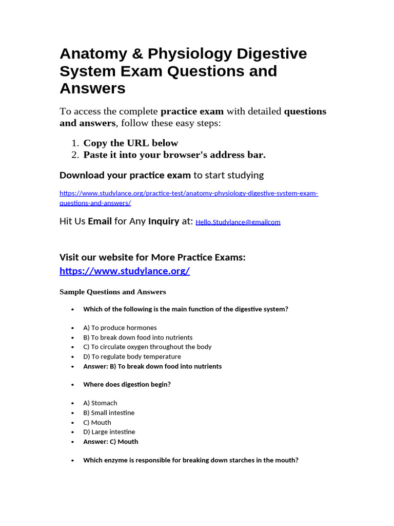 Anatomy & Physiology Digestive System Exam Questions and Answers | PDF ...