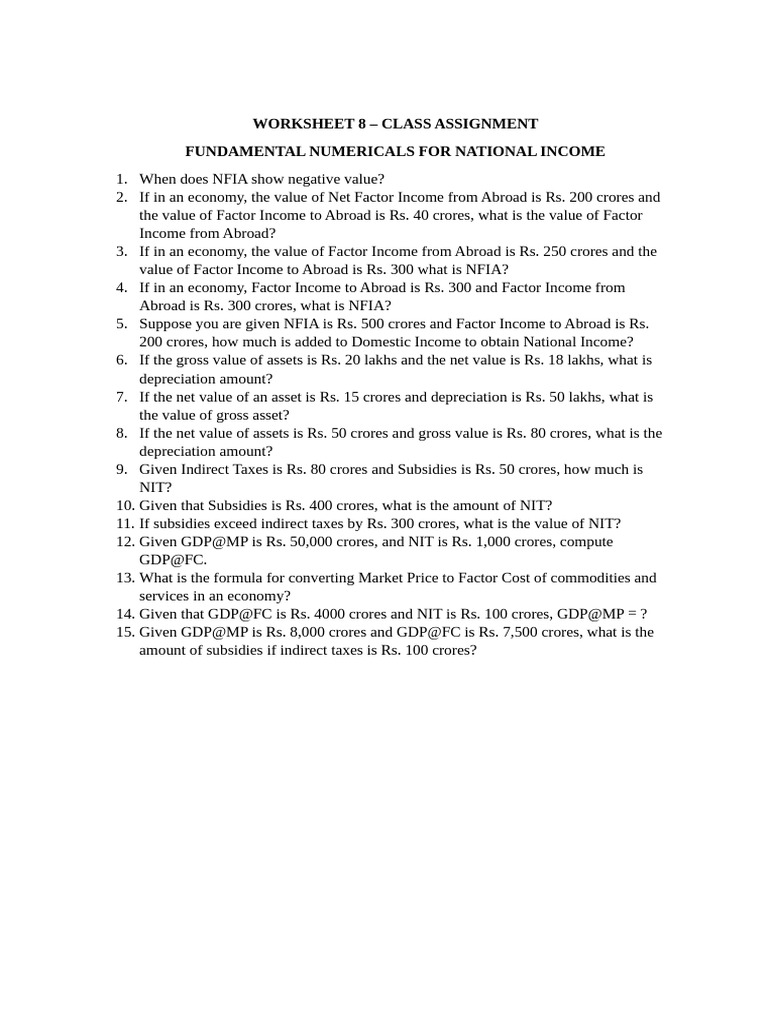 National Income Numerical Problems Worksheet | PDF