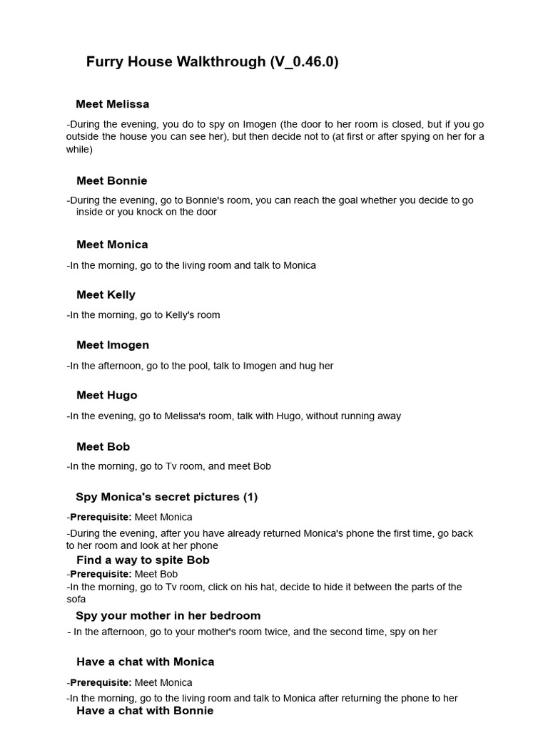 Furry House Walkthrough Guide V0.46.0 | PDF
