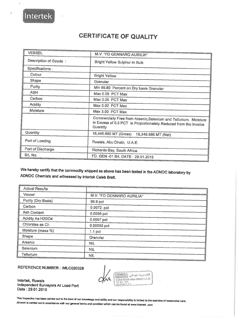 Granular Sulphur C.O.A | PDF