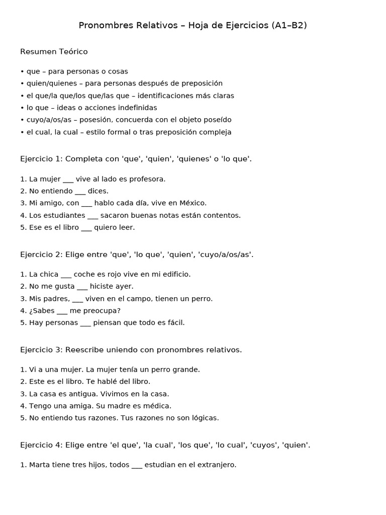 Pronombres Relativos Hoja Ejercicios | PDF