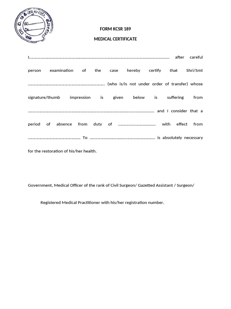 Medical Certificate Format KCSR 189 | PDF