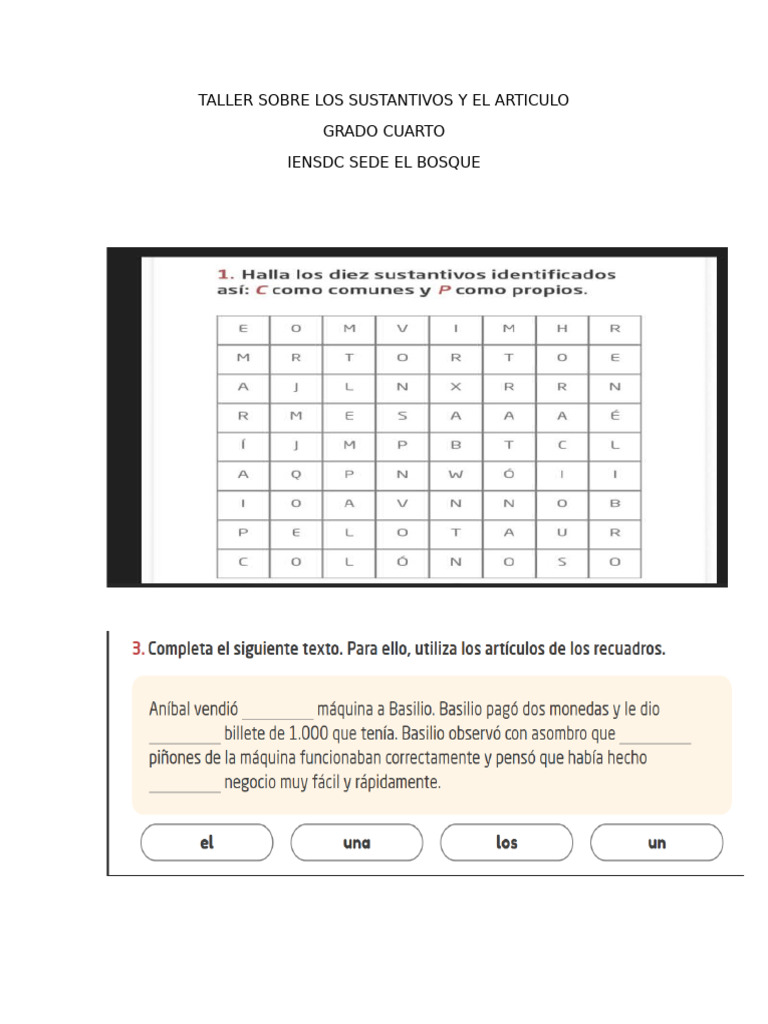 Taller Sobre Los Sustantivos y El Articulo | PDF