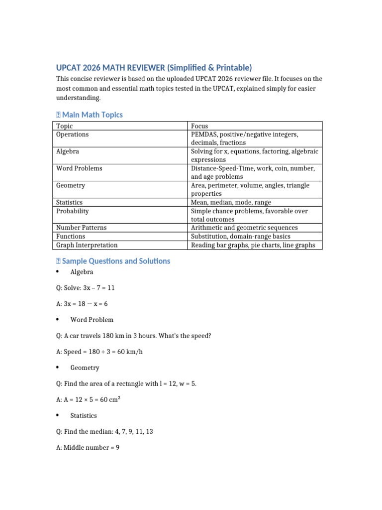 UPCAT 2026 Math Reviewer Printable | PDF | Mathematics | Area