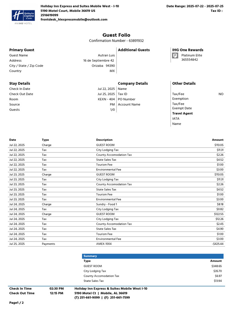 Guest Folio: Primary Guest Additional Guests IHG One Rewards | PDF ...