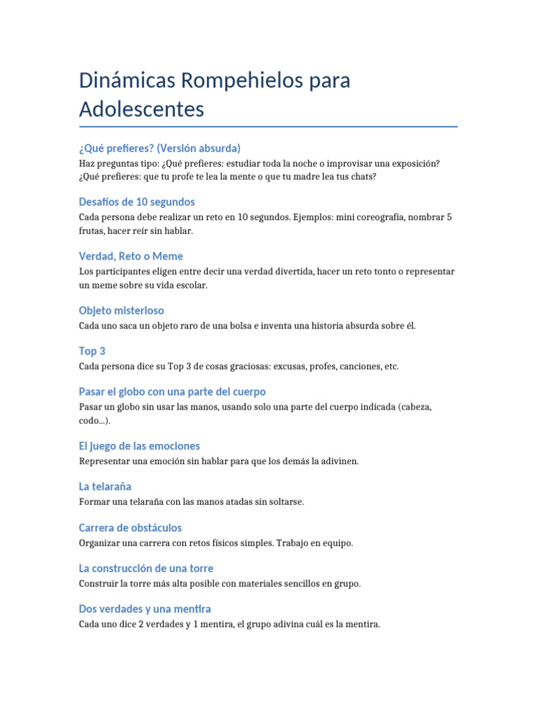 Dinámicas Rompehielos para Adolescentes | PDF
