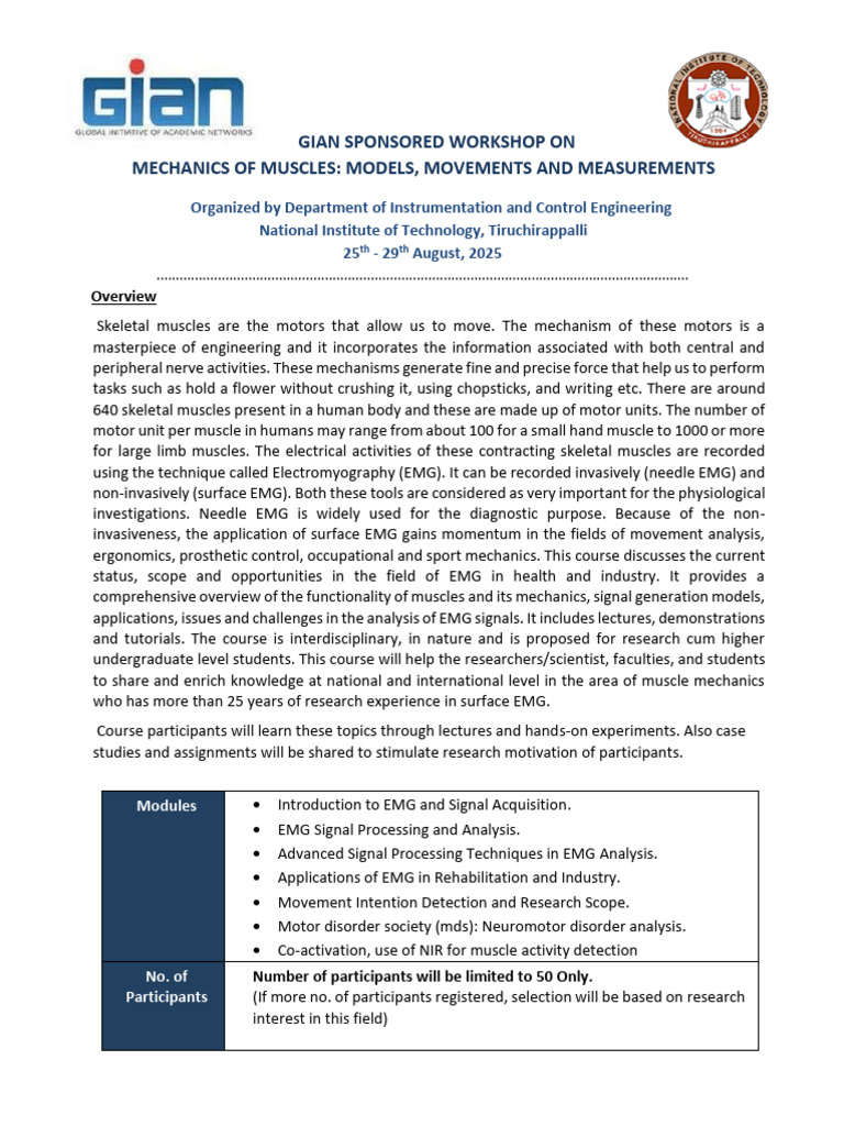GIAN Workshop On Mechanics of Muscles Models, Movements and ...