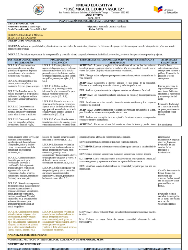 Planificación 2 Trimestre ECA 6 EGB 2024 - 2025 DUA | PDF | Aprendizaje | Evaluación