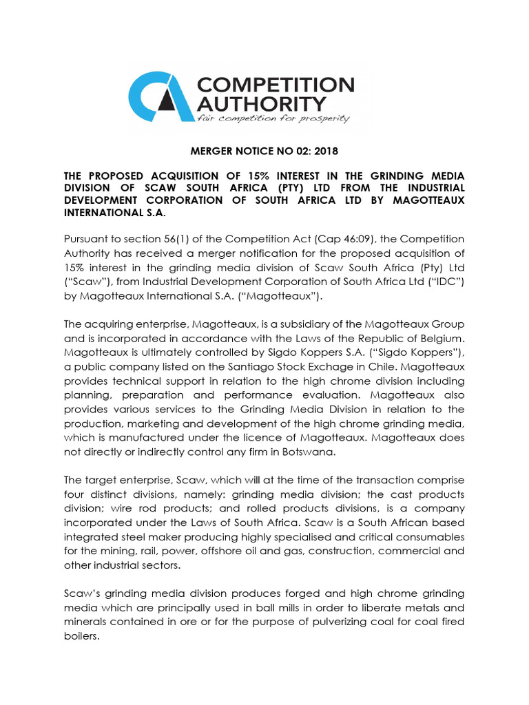 Merger Notice No 02 2018 - Scaw South Africa and Magotteaux ...
