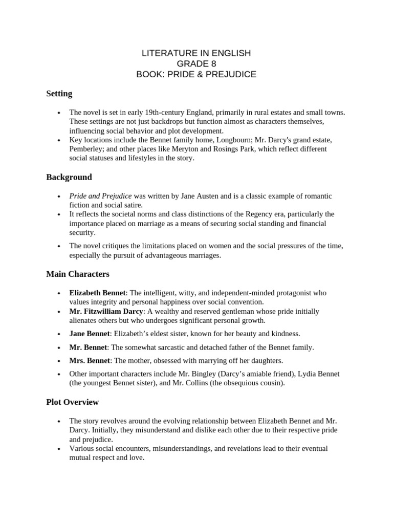 Pride and Prejudice: A Grade 8 Guide | PDF | Pride And Prejudice | Mr ...