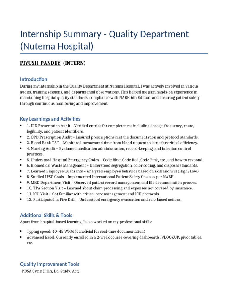 Internship in Hospital Quality Management | PDF | Sewage Treatment ...