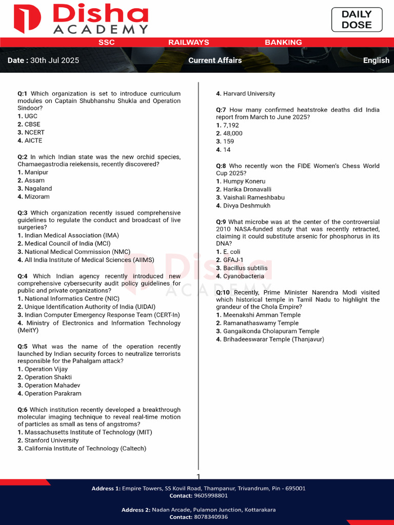 Current Affairs - English - 30th Jul 2025 | PDF