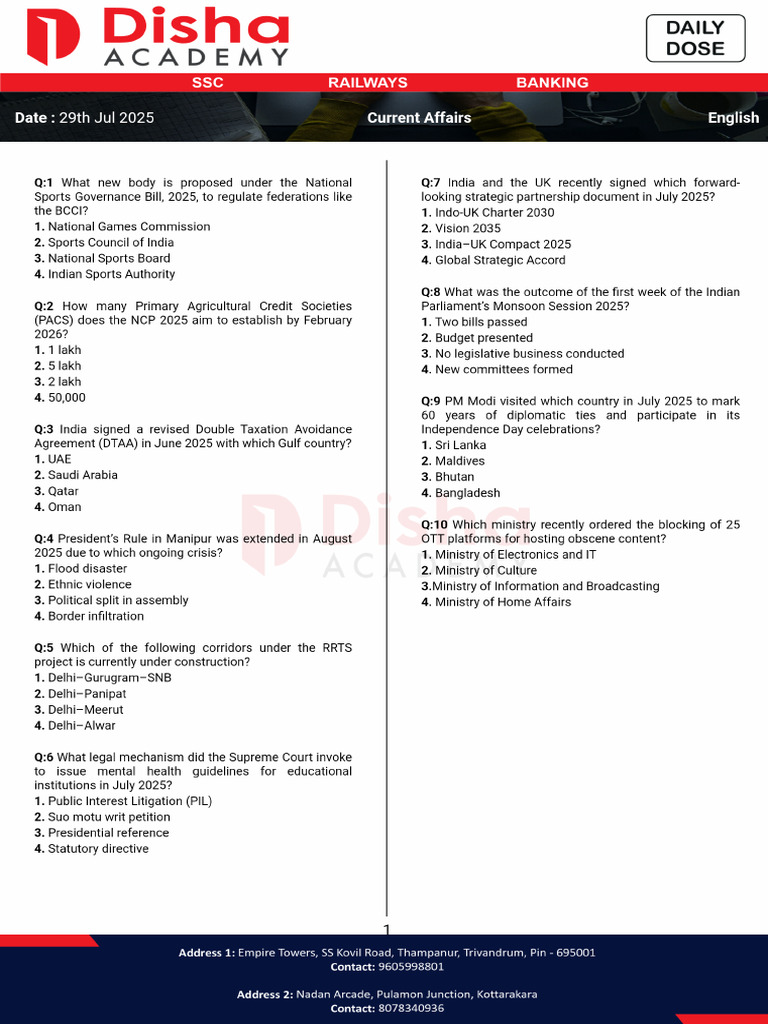 Current Affairs - English - 29th Jul 2025 | PDF