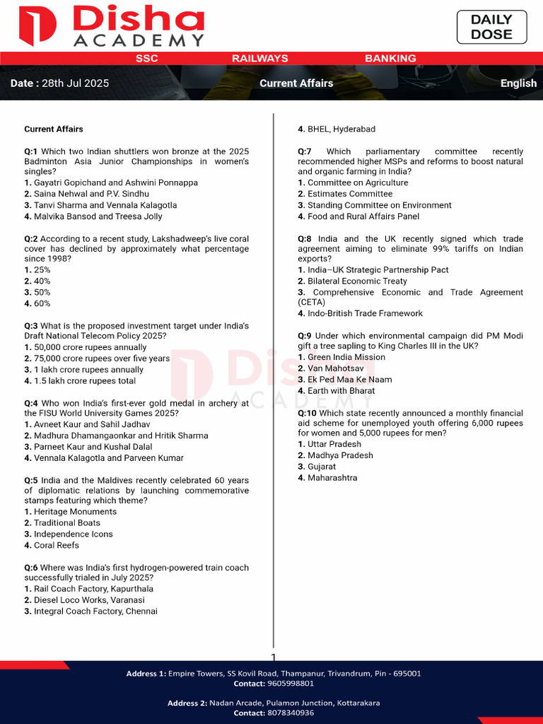 Current Affairs - English - 28th Jul 2025 | PDF