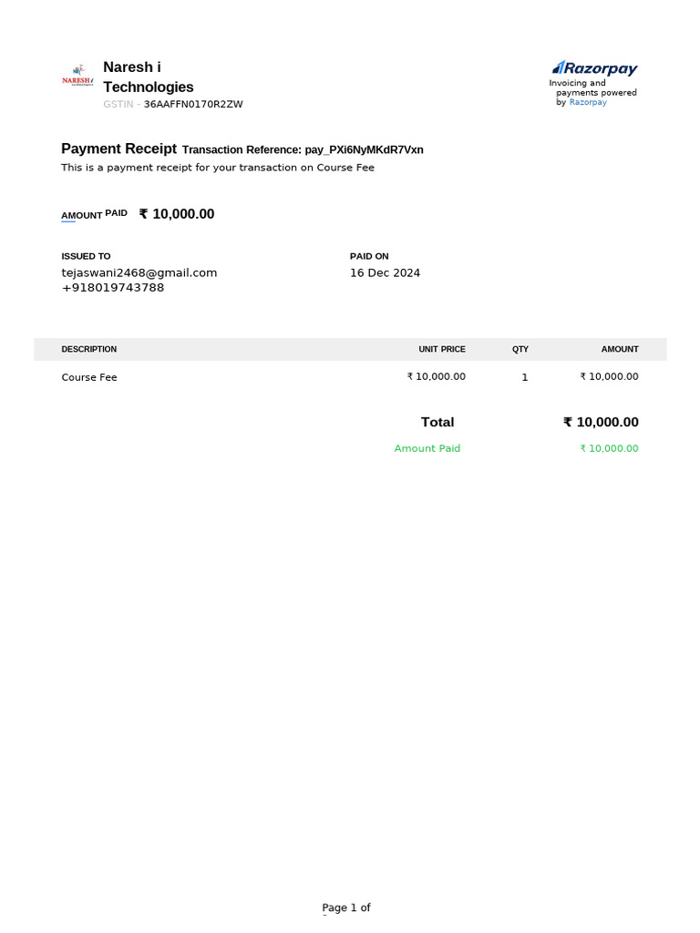 Course Fee Payment Receipt | PDF