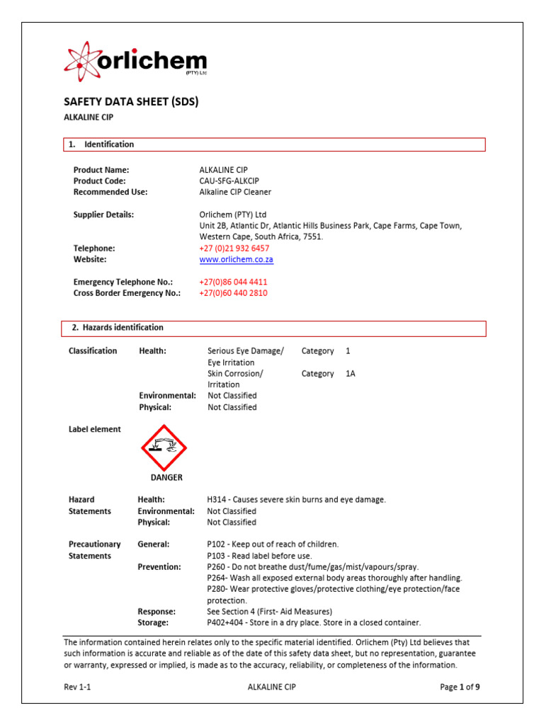 Safety Data Sheet for Alkaline CIP | PDF | Occupational Safety And ...