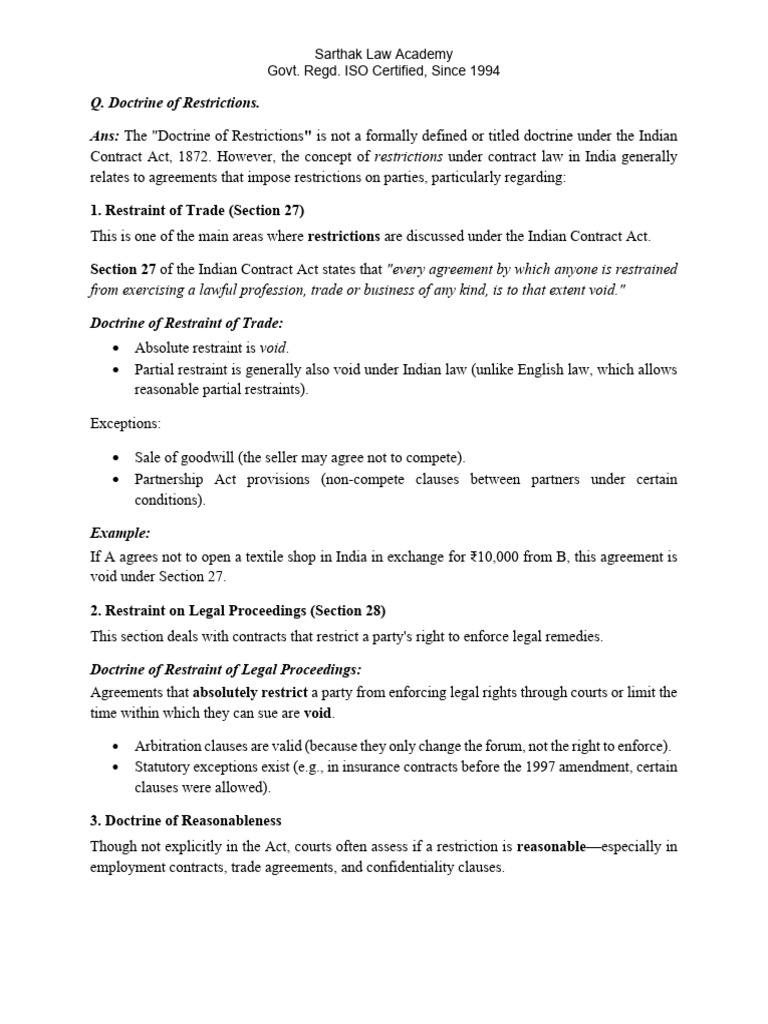 Contract Question 1st Sem | PDF | Offer And Acceptance | Restraint Of Trade