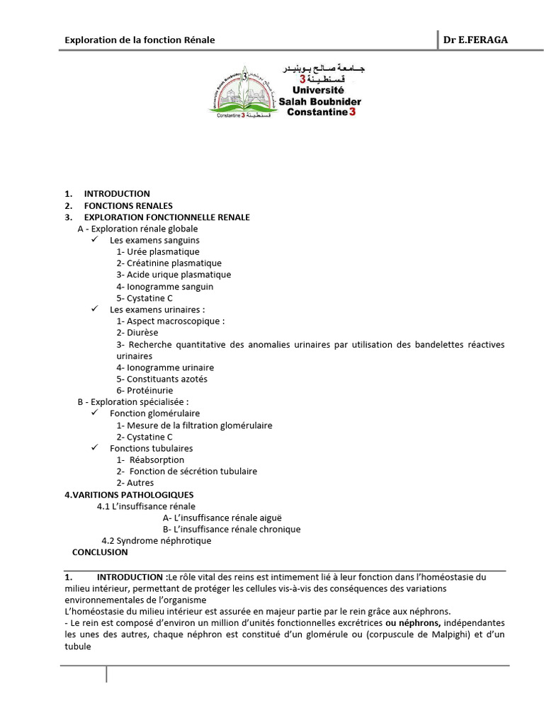 Exploration de la fonction rénale en médecine | PDF | Néphrologie | Rein