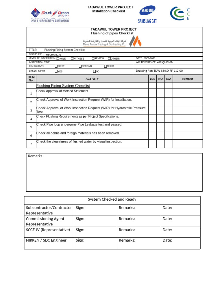 Pipe Flushing Procedure Checklist | PDF