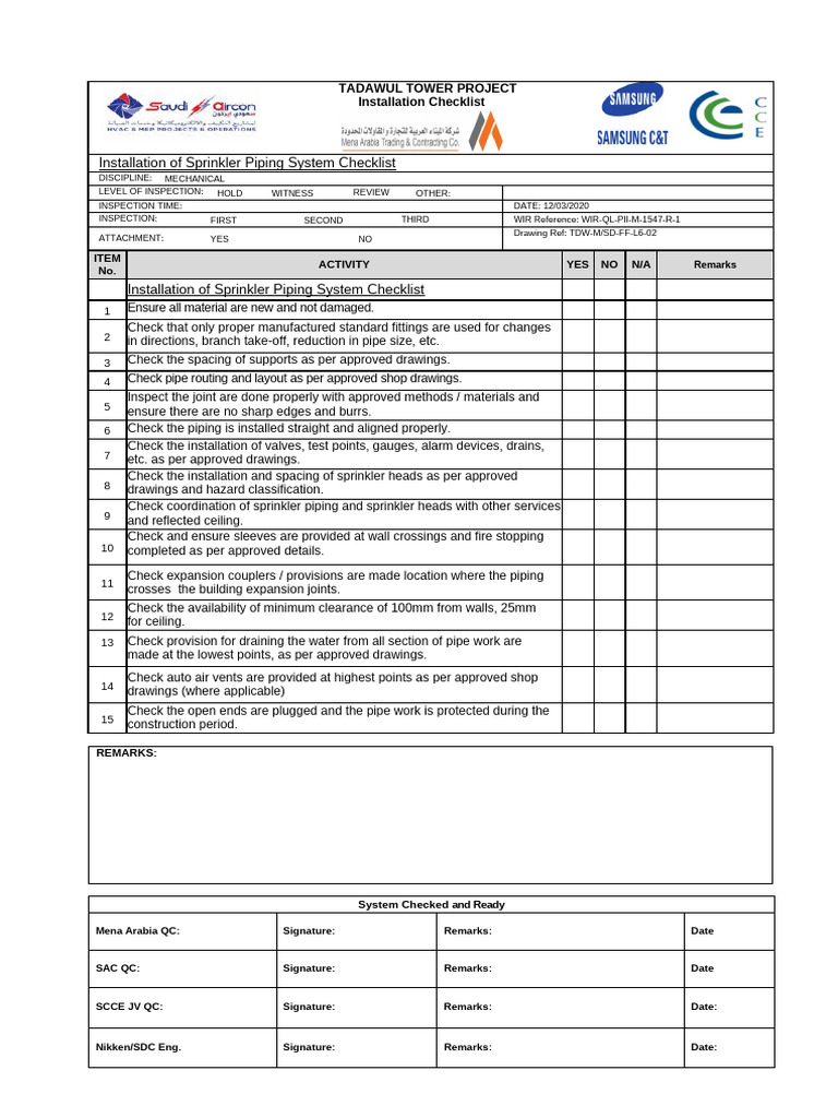 Sprinkler Piping System Installation Checklist | PDF | Pipe (Fluid ...