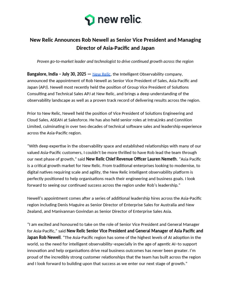 Rob Newell SVP Appointment - New Relic | PDF | Business