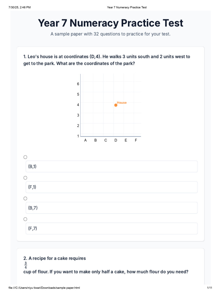 Year 7 Numeracy Test Practice Paper | PDF | Length | Volume
