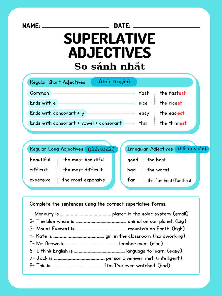 Superlative Adjectives Grammar Worksheet | PDF