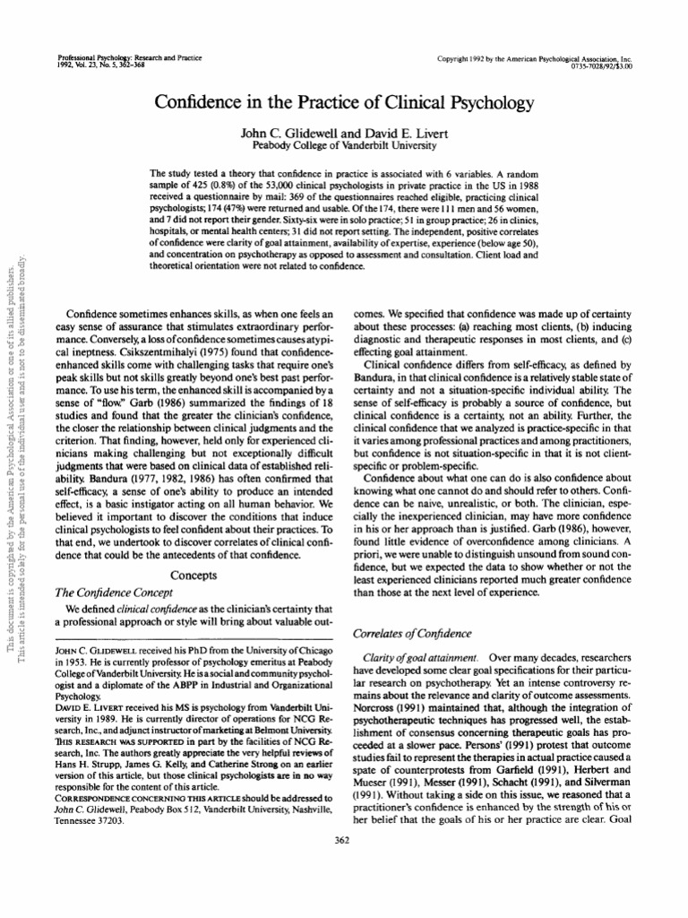 Confidence in The Practice of Clinical Psychology | PDF | Clinical Psychology | Psychology